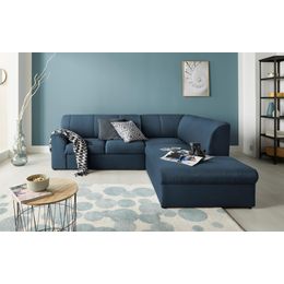 Ecksofa DOMO collection, B:237cm H:78cm T:200cm, blau, Wohnzimmer, Sofas, "Topper zeitlos elegant, kompakte Stellma&szlig;eL-Form", mit Ottomane, wahlweise