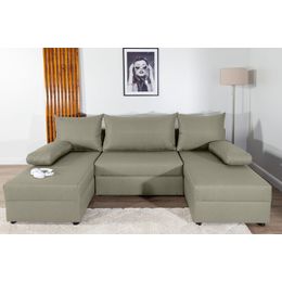 Wohnlandschaft Collection AB, B:220cm H:39cm T:158cm, beige, 100%Polyester, Sofas, "Pico U-Form, B: 252 cm", Schlaffunktion, Bettkasten & 2 Zierkissen