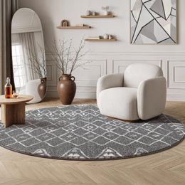 Teppich Sanat, H:10mm &Oslash;:150cmdunkelgrau, Kunstfaser, Wohnzimmer, Teppiche, "Boho 8200 , auch als L&auml;ufer und in Rund", Kurzflor, robust, Boho,