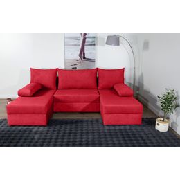 Wohnlandschaft Collection AB, B:220cm H:39cm T:158cm, rot, 100%Polyester, Sofas, "Pico U-Form, B: 252 cm", Schlaffunktion, Bettkasten & 2 Zierkissen