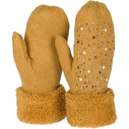 styleBREAKER Damen F&auml;ustlinge "Strickhandschuhe F&auml;ustlinge mit Strass und Perlen", gelb, Modisch, 65% Polyacryl PAN. 35% Wolle WO., Handschuhe