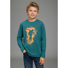 Kidsworld Jungen Langarmshirt "BIKER Druck", blau, Gr. 164, bedruckt, Jersey, Obermaterial: 100% Baumwolle, Shirts, l&auml;ssiger Druck f&uuml;r Jungen