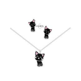Alexander York Kinderschmuck-Set KATZE schwarz in 925 Sterling Silber, 4-tlg. in silber | Gr.: onesize