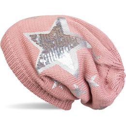 styleBREAKER Damen Strickm&uuml;tze "Strick Beanie mit Pailletten Stern Print", rosa, Modisch, 100% Viskose CV., M&uuml;tzen