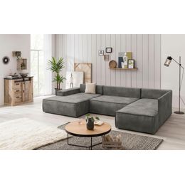 Wohnlandschaft OTTO HOME, B:329cm H:85cm T:195cm, grau, 100% Polyester, Sofas, "SHERWOOD Vintage Lederoptik U-Form, 329 cm", Schlaffunktion m.