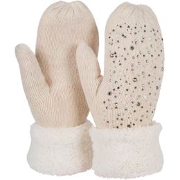 styleBREAKER Damen F&auml;ustlinge "Strickhandschuhe F&auml;ustlinge mit Strass und Perlen", beige, Modisch, 65% Polyacryl PAN. 35% Wolle WO., Handschuhe