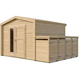 Weka Gartenhaus Killarney Naturbelassen inkl. 4er M&uuml;lltonnenbox, Ja, 300x300 cm,links Vollglas, rechts Holzf&uuml;llung