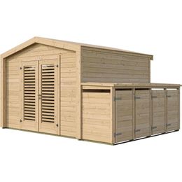 Weka Gartenhaus Killarney Naturbelassen inkl. 4er M&uuml;lltonnenbox, Ja, 300x300 cm,innen Lamellen, au&szlig;en verglast