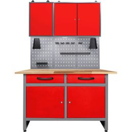 ONDIS24 Werkstatt-Set, B:120cm H:205cm T:60cm, rot, Werkb&auml;nke, 120 cm, mit Lochwandsystem inkl. Haken, mit LED