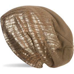 styleBREAKER Damen Strickm&uuml;tze "Feinstrick Beanie mit Metallic Print", braun, Modisch, 100% Polyacryl PAN., M&uuml;tzen