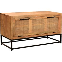 Schuhschrank Sit, B:84,5cm H:48cm T:40cm, schwarz, Massivholz, Metall, Flur, Schr&auml;nke, "CANE aus Mangoholz mit Rattan-Front & Metallkufen", Platz f&uuml;r