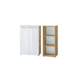 KADIMA DESIGN B&uuml;ro-Set MUENCHEN 2-teilig Kommode x Regal Glas Front & Abschlie&szlig;bar Chalet-Eiche-Nb./Wei&szlig;