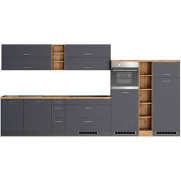 K&uuml;chenzeile KOCHSTATION, B:390cm H:166cm T:60cm, grau, Komplettk&uuml;chen-Sets, "KS-Milan, optional mit Muldenl&uuml;fter", Breite 390 cm, wahlweise mit