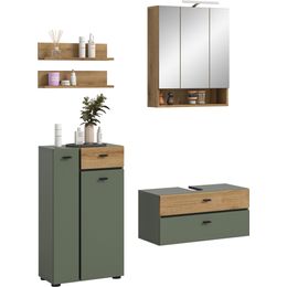 Badm&ouml;bel-Set Welltime, B:141cm H:191cm T:35cm, gr&uuml;n, Holzwerkstoff, Kastenm&ouml;bel-Sets, "VANN, 5-teilige moderne Badkombination, inkl. Beleuchtung",