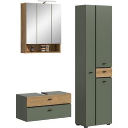 Badm&ouml;bel-Set Welltime, B:141cm H:191cm T:35cm, gr&uuml;n, Holzwerkstoff, Kastenm&ouml;bel-Sets, "VANN, 3-teilige moderne Badkombination, inkl. Beleuchtung",