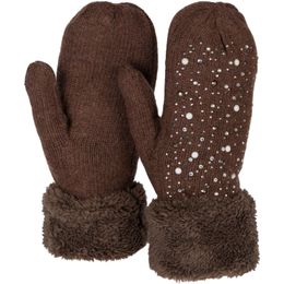styleBREAKER Damen F&auml;ustlinge "Strickhandschuhe F&auml;ustlinge mit Strass und Perlen", braun, Modisch, 65% Polyacryl PAN. 35% Wolle WO., Handschuhe