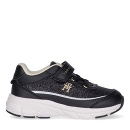 Tommy Hilfiger M&auml;dchen Sneaker, Gr. 27, schwarz, Lederimitat, Textil, Schuhe, Freizeitschuh, Halbschuh mit modischem Glitzerbesatz