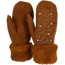 styleBREAKER Damen F&auml;ustlinge "Strickhandschuhe F&auml;ustlinge mit Strass und Perlen", braun, Modisch, 65% Polyacryl PAN. 35% Wolle WO., Handschuhe