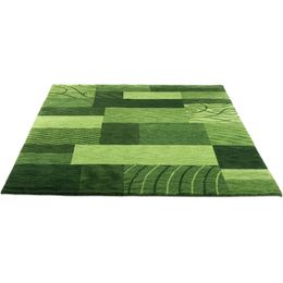 Wollteppich Theko, B:90cm H:12mm L:160cm, gr&uuml;n, Schurwolle, Wohnzimmer, Teppiche, "Domas 4028, handgekn&uuml;pft", Kurzflor, reine Wolle, modernes