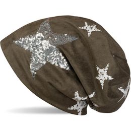 styleBREAKER Damen Beanie "Beanie in Veloursleder Optik mit Pailletten Stern", gr&uuml;n, Modisch, 100% Viskose CV., M&uuml;tzen