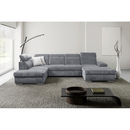 WERK2 Wohnlandschaft &raquo;Cordoba 359 x 232 cm inkl. Bett modern und bequem&laquo; Struktur weich, U-Form, XXL, Schlaffunktion, Bettkasten grau 100% Polyester B