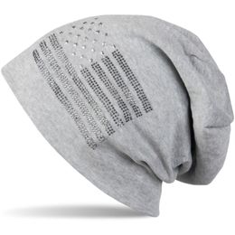 styleBREAKER Damen Beanie "Beanie mit USA Flagge aus Strass", grau, Modisch, Obermaterial: 50% Viskose CV. 50% Polyester PES., M&uuml;tzen