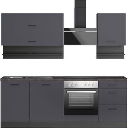 K&uuml;chenzeile KOCHSTATION, B:220cm H:200cm T:60cm, grau, Komplettk&uuml;chen-Sets, "KS-Frieda Breite 220 cm", wahlweise mit E-Ger&auml;ten, mit 38mm starker