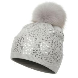 styleBREAKER Damen Bommelm&uuml;tze "Feinstrick Bommelm&uuml;tze mit Pailletten", grau, Modisch, Obermaterial: 100% Polyacryl PAN., M&uuml;tzen