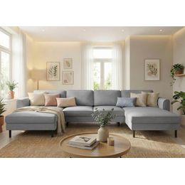 Wohnlandschaft Home Affaire, B:305cm H:83cm T:161cm, grau, 100% Polyester, Sofas, "Booster II, whlw. mit Schlaffunktion & Bettkasten, Fu&szlig; schwarz",