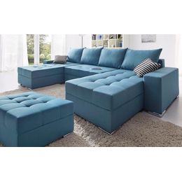 Wohnlandschaft Collection AB, B:313cm H:84cm T:161cm, blau, 100% Polyester, Sofas, "Josy XL U-Form, Breite: 313 cm", Schlaffunktion, Bettkasten & 2