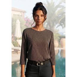 Vivance 3/4-Arm-Shirt 'mit Zierknopf am Ausschnitt' schwarz Gr. 40/42 f&uuml;r Damen. Rundhals und Zierkn&ouml;pfe, Allover-Druck. Figurumspielend. Nachhaltig.