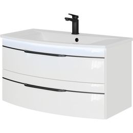 Waschtisch &raquo;Serie 7045 Mineralmarmor-Waschtisch und Unterschrank, 91 cm breit&laquo; Waschplatz mit 2 Schubladen, Badm&ouml;bel Set mit Waschtisch wei&szlig; schwarze 