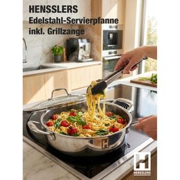 HENSSLERS Servierpfanne &raquo;Premium, Pfanne 32 cm, inklusive Grillzange&laquo; Edelstahl Set, 3 tlg. silber &Oslash; 32cm + H&ouml;he 12,5cm