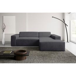 WERK2 Ecksofa &raquo;Zeus-L 253 cm breit, bequemes Cord-Sofa in L-Form, urbanes Design&laquo; Organische curvy-trend Couch mit gro&szlig;er Komfort-Ottomane grau 92% 