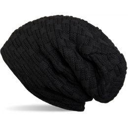styleBREAKER Damen Strickm&uuml;tze "Feinstrick Beanie mit Flecht Muster und Teddyfleece", schwarz, Modisch, 100% Viskose CV., M&uuml;tzen
