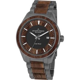Jacques Lemans Damen Solaruhr &raquo;Eco Power Solar Wood&laquo; Armbanduhr, Herrenuhr, Datum, Holz-Zifferblatt, Edelstahlarmband grau Einheitsgr&ouml;&szlig;e