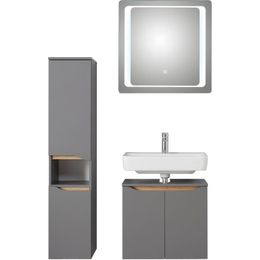 Badm&ouml;bel-Set &raquo;Quickset 3-teilig, Waschbeckenunterschrank mit LED-Spiegel&laquo; 3 Stk. tlg. grau Einheitsgr&ouml;&szlig;e