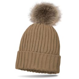 styleBREAKER Jungen Bommelm&uuml;tze "Gef&uuml;tterte Strick Bommelm&uuml;tze", braun, Modisch, 70% Baumwolle CO. 30% Polyester PES., M&uuml;tzen