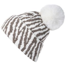 styleBREAKER Damen Bommelm&uuml;tze "Strick Bommelm&uuml;tze mit Zebra Muster", wei&szlig;, Modisch, Obermaterial: 100% Viskose CV., M&uuml;tzen