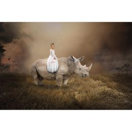 papermoon Fototapete &raquo;Surreales M&auml;dchen, das Nashorn reitet&laquo; bunt Vlies B/L: 3m x 2,2m, Rollen: 1