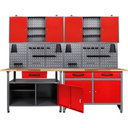 ONDIS24 Werkstatt-Set, B:240cm H:205cm T:60cm, rot, Werkb&auml;nke, 2x Werkbank, 2x Werstattschrank, 2x Lochwand