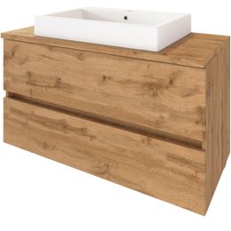 Waschtisch Welltime, H:63cm T:48cm, braun, Holzwerkstoff, MDF, Metall, Badezimmer, Waschtische, "Livorno", mit 2 Schubladen, Keramik