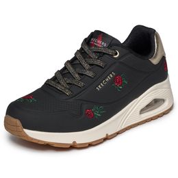 Skechers Damen Sneaker "UNO-CHAMPAGNE & ROSES", Gr. 35, schwarz, Lederimitat, bestickt, Schuhe, Freizeitsneaker, Halbschuh mit Rosen-Stickerei