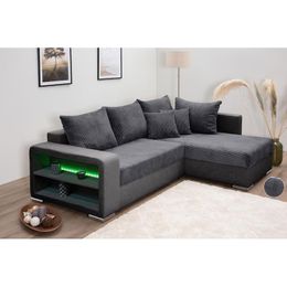 Collection AB Ecksofa &raquo;John L-Form, B: 226 cm, Schlaffunktion & Bettkasten&laquo; Regalelement mit Licht, Couch mit Federkern, 2 Zierkissen grau 100%