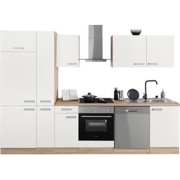 K&uuml;chenzeile Optifit, B:300cm H:206,8cm T:60cm, wei&szlig;, Komplettk&uuml;chen-Sets, "Leer Breite 300 cm", mit Hanseatic E-Ger&auml;ten, inkl. K&uuml;hlschrank