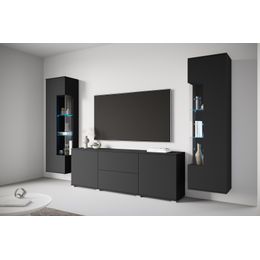 Wohnwand OTTO HOME, B:270cm H:161cm T:34cm, schwarz, Holzwerkstoff, Wohnzimmer, Kastenm&ouml;bel-Sets, "KENIA", Vitrinen mit Eckverglasung, h&auml;ngend und