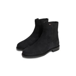 Tommy Hilfiger Damen Chelseaboots "ENAMEL FLAG SUEDE ANKLE CHELSEA", Gr. 38, schwarz, Elastischer Einsatz, Veloursleder, Schuhe, Blockabsatz,