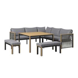 Ambia Garden Dining-Loungeset, Anthrazit, Grau, Teak, Holz, Metall, Textil, 6-teilig, Akazie, massiv, F&uuml;llung: Faserb&auml;llchen, Vlies,Baumwollf&uuml;llung, Vlies, Eckteil, L-Form, 230x230 cm, Loungem&ouml;bel, Gartenlounge-Sets