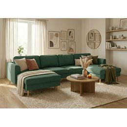 Wohnlandschaft Home Affaire, B:305cm H:83cm T:161cm, gr&uuml;n, 100% Polyester, Sofas, "Booster, whlw. mit Schlaffunktion & Bettkasten, Fu&szlig; Buche