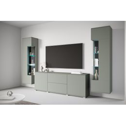 Wohnwand OTTO HOME, B:270cm H:161cm T:34cm, gr&uuml;n, Holzwerkstoff, Wohnzimmer, Kastenm&ouml;bel-Sets, "KENIA", Vitrinen mit Eckverglasung, h&auml;ngend und